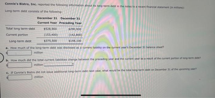 Solved Connie's Bistro, Inc. reported the following | Chegg.com