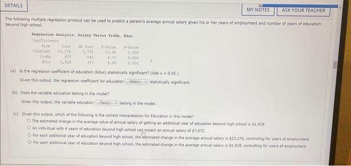 Solved The following multiple regression printout can be | Chegg.com