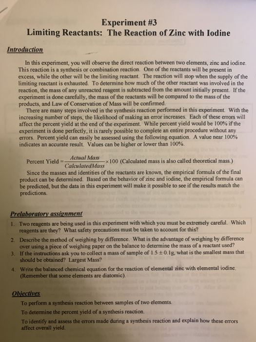Solved Experiment #3 Limiting Reactants: The Reaction of | Chegg.com