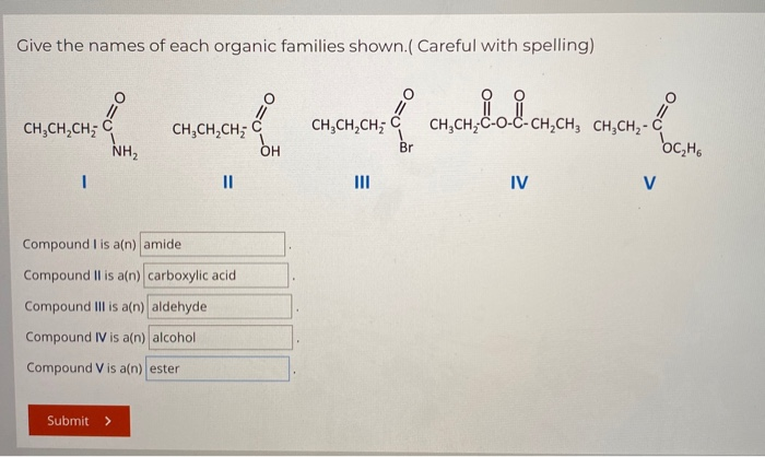 Solved Give the names of each organic families shown. | Chegg.com