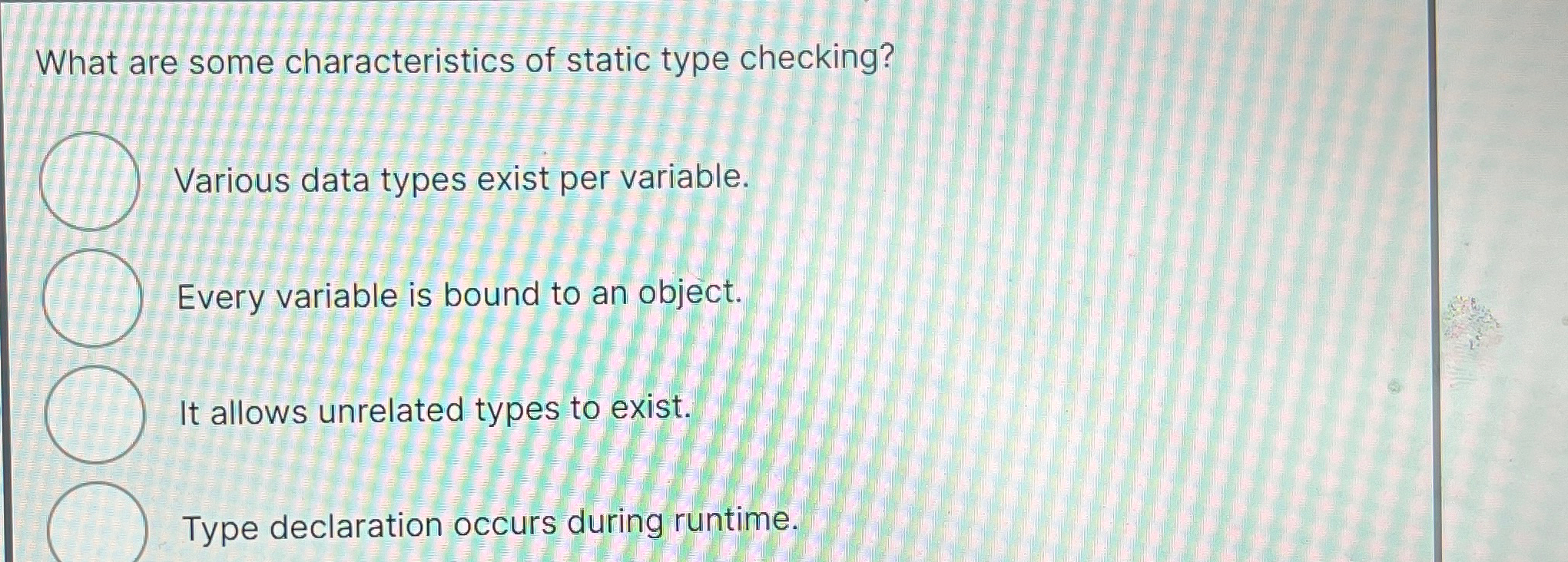 Solved What are some characteristics of static type | Chegg.com