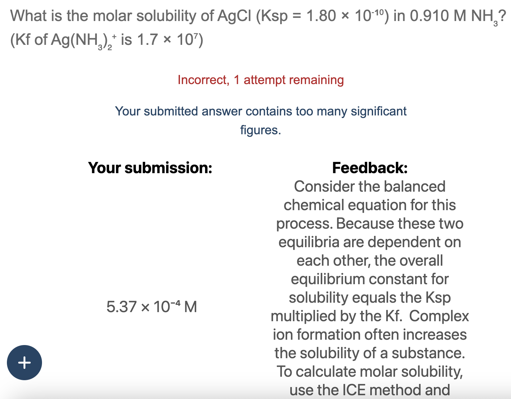 Solved What is the molar solubility of AgCl(Ksp=1.80×10-10) | Chegg.com