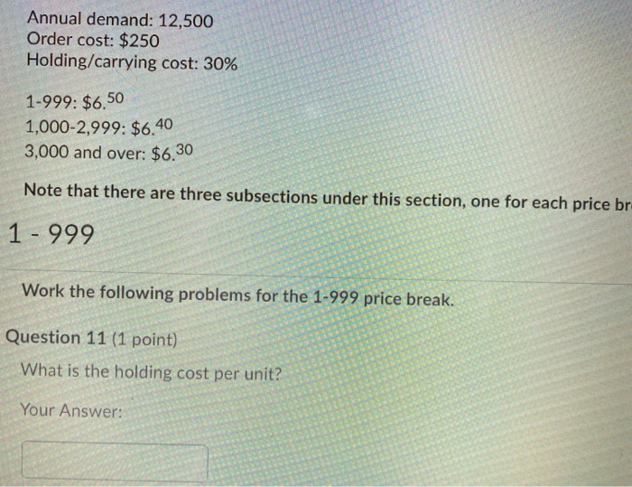 Solved Annual Demand 12 500 Order Cost 250 Chegg