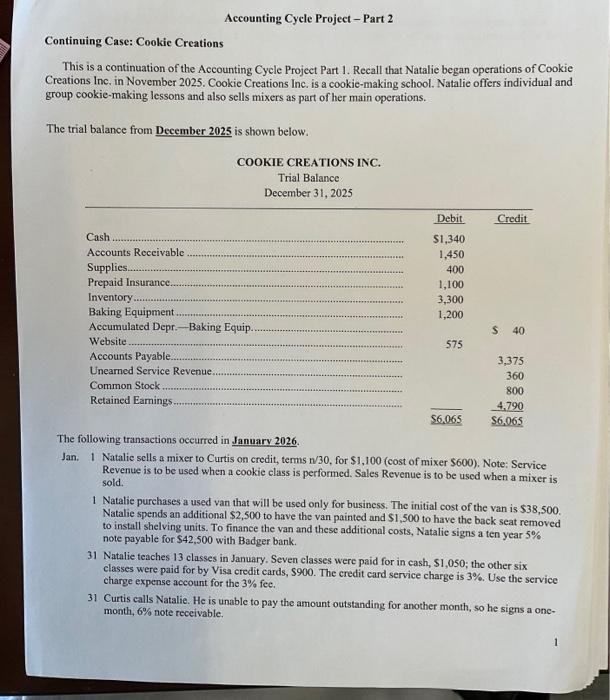 Solved Accounting Cycle Project - Part 2 Continuing Case: | Chegg.com