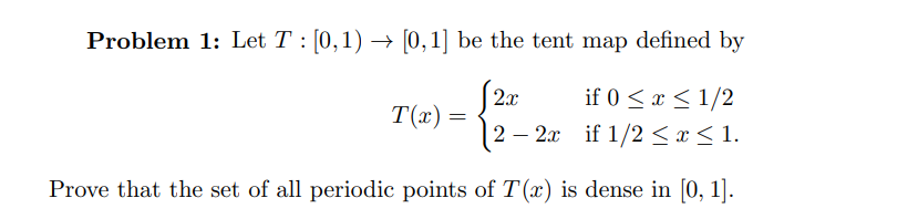 Solved Problem 1: Let T:[0,1)→[0,1] ﻿be the tent map defined | Chegg.com