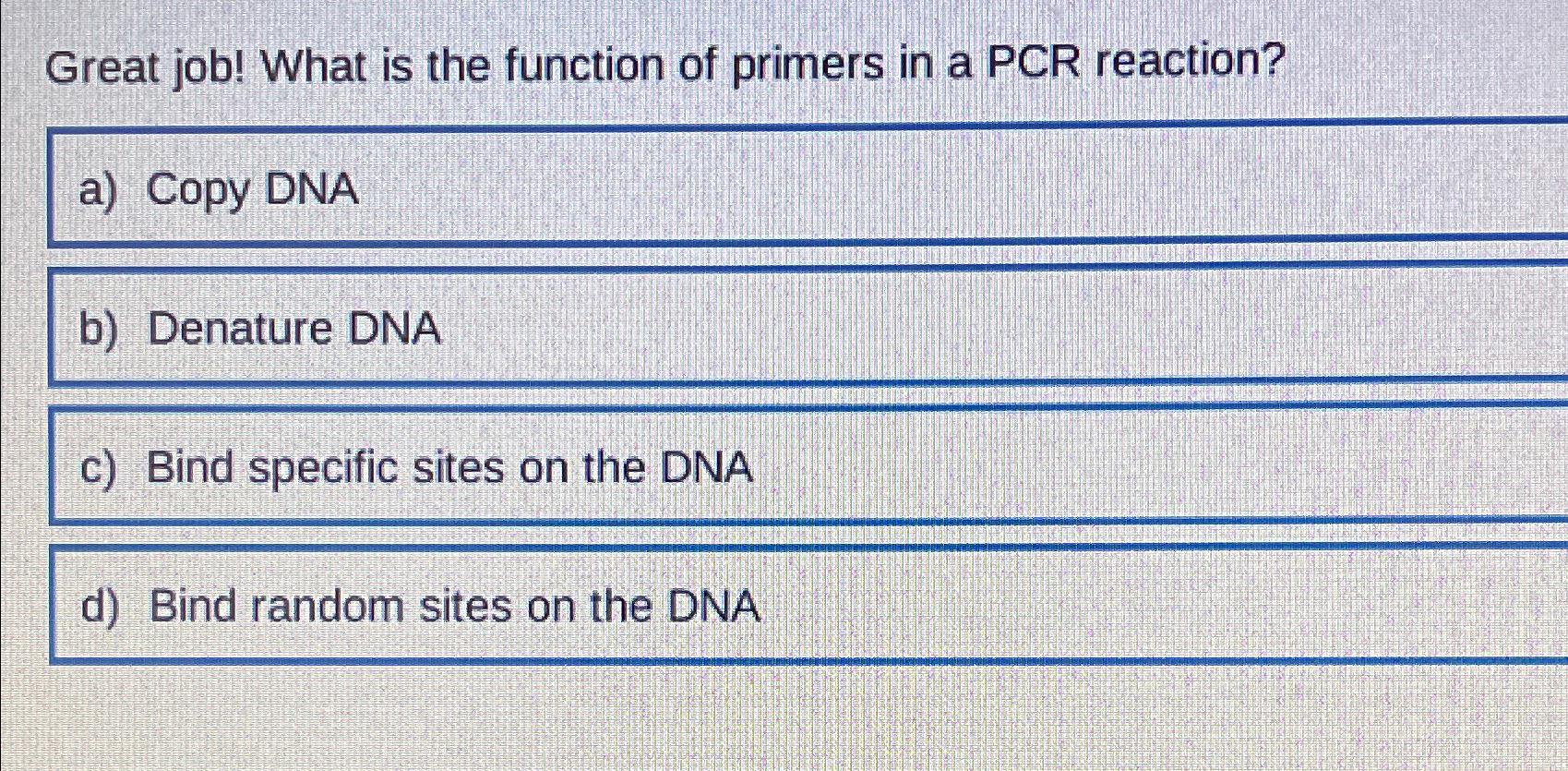 Solved Great job! What is the function of primers in a PCR | Chegg.com