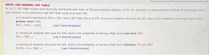 Solved NOTE: USE NORMAL CDF TABLE In 2017, SAT Math scores | Chegg.com