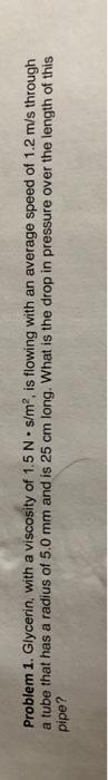 Solved Problem 1. Glycerin, with a viscosity of 1.5 Ns/m, is | Chegg.com