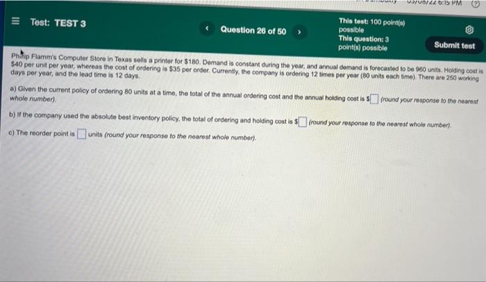 Solved 22:15 PM This test: 100 points) Test: TEST 3 Question | Chegg.com