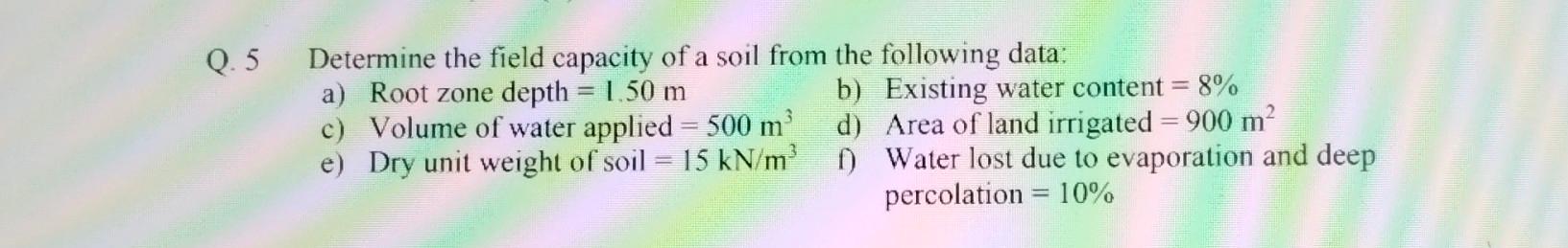 Solved Q.5 Determine the field capacity of a soil from the | Chegg.com