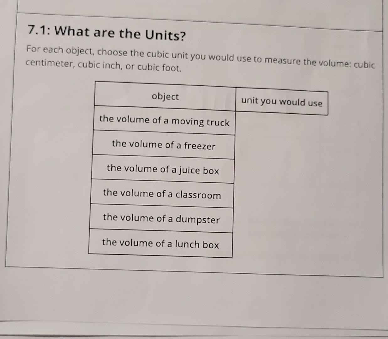 Solved 7.1: What are the Units? For each object, choose the | Chegg.com