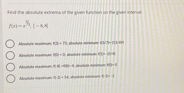 Solved Find the absolute extrema of the given function on | Chegg.com
