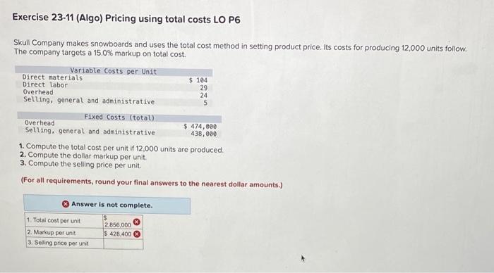 Solved Exercise 23-11 (Algo) Pricing using total costs LO P6 | Chegg.com