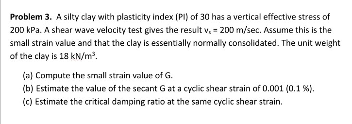 Solved Problem 3. A silty clay with plasticity index (PI) of | Chegg.com