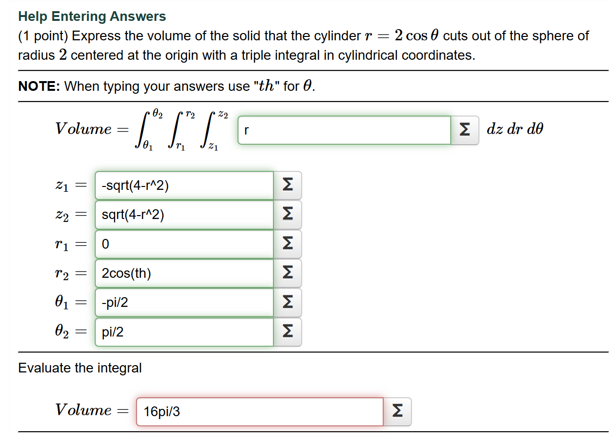 Solved Help Entering Answers(1 ﻿point) ﻿Express the volume | Chegg.com