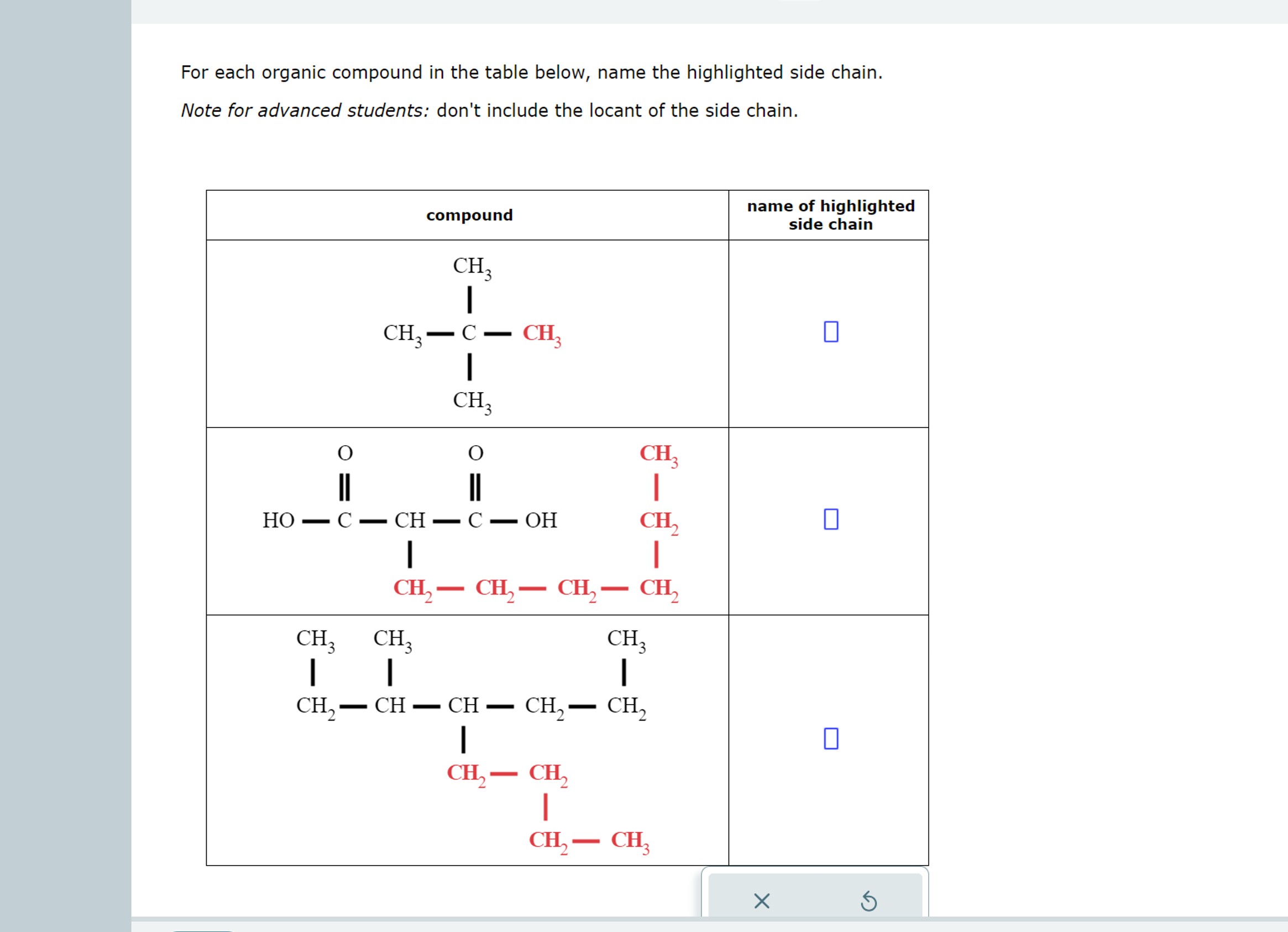 Solved For each organic compound in the table below, name | Chegg.com