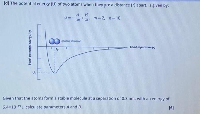 Solved (d) The potential energy (U) of two atoms when they | Chegg.com
