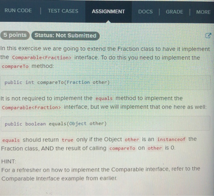 Run Code Test Cases Assignment Docs Grade More 5 