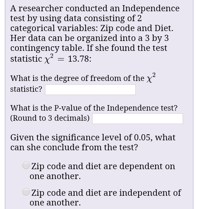 Solved A researcher conducted an Independence test by using | Chegg.com