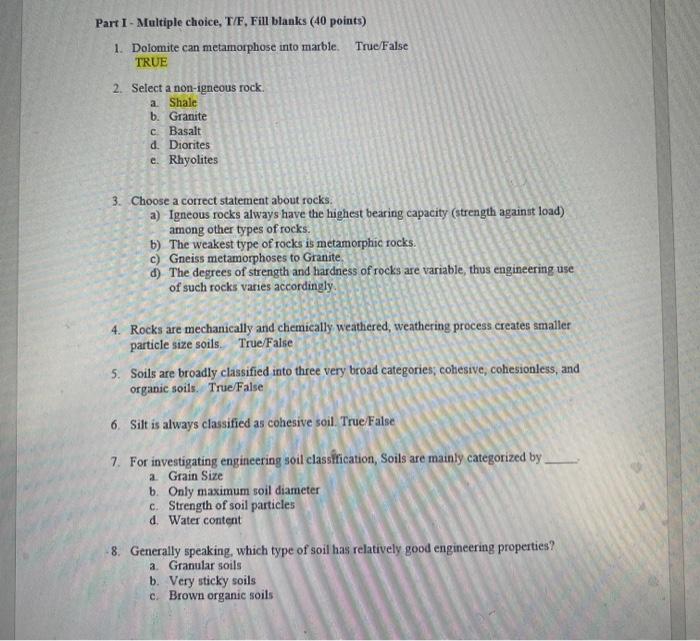 Solved Part I - Multiple choice, T/F, Fill blanks (40 | Chegg.com