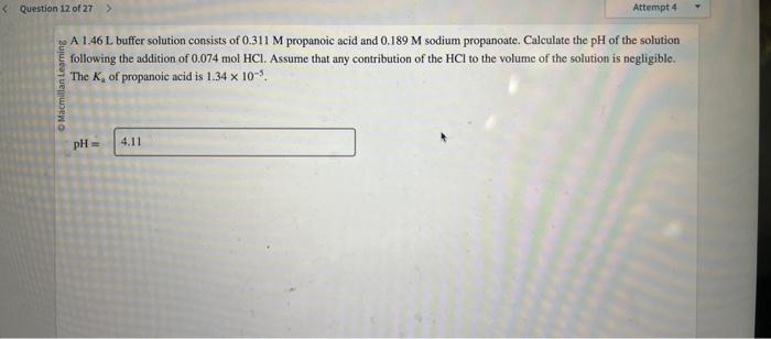 Solved A 1.46 L buffer solution consists of 0.311M propanoic | Chegg.com