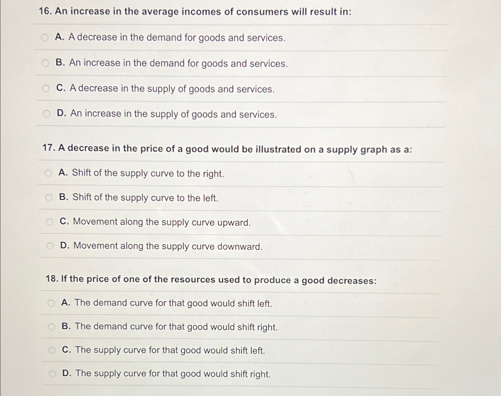 Solved An increase in the average incomes of consumers will | Chegg.com