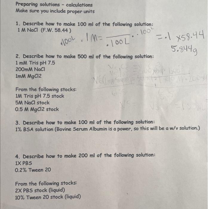 Solved 1. Describe how to make 100ml of the following | Chegg.com