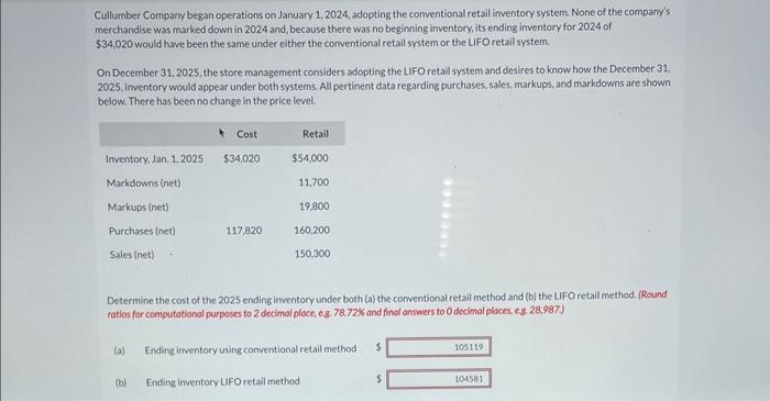 Solved Cullumber Company began operations on January 1, | Chegg.com