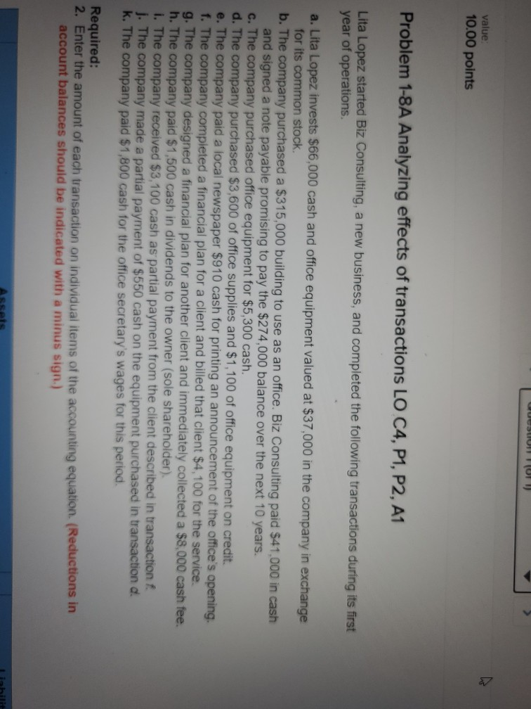 Solved Problem 1-8A Analyzing effects of Transactions LO, | Chegg.com