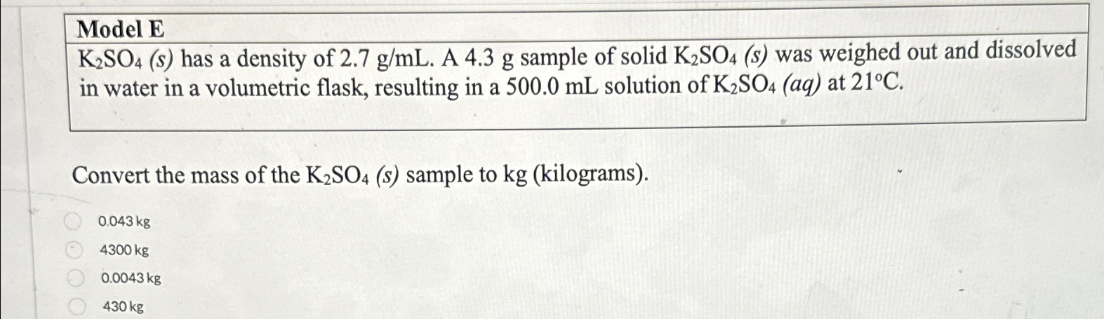 Solved K2SO4(s) ﻿has a density of 2.7gmL. ﻿A 4.3g ﻿sample of | Chegg.com
