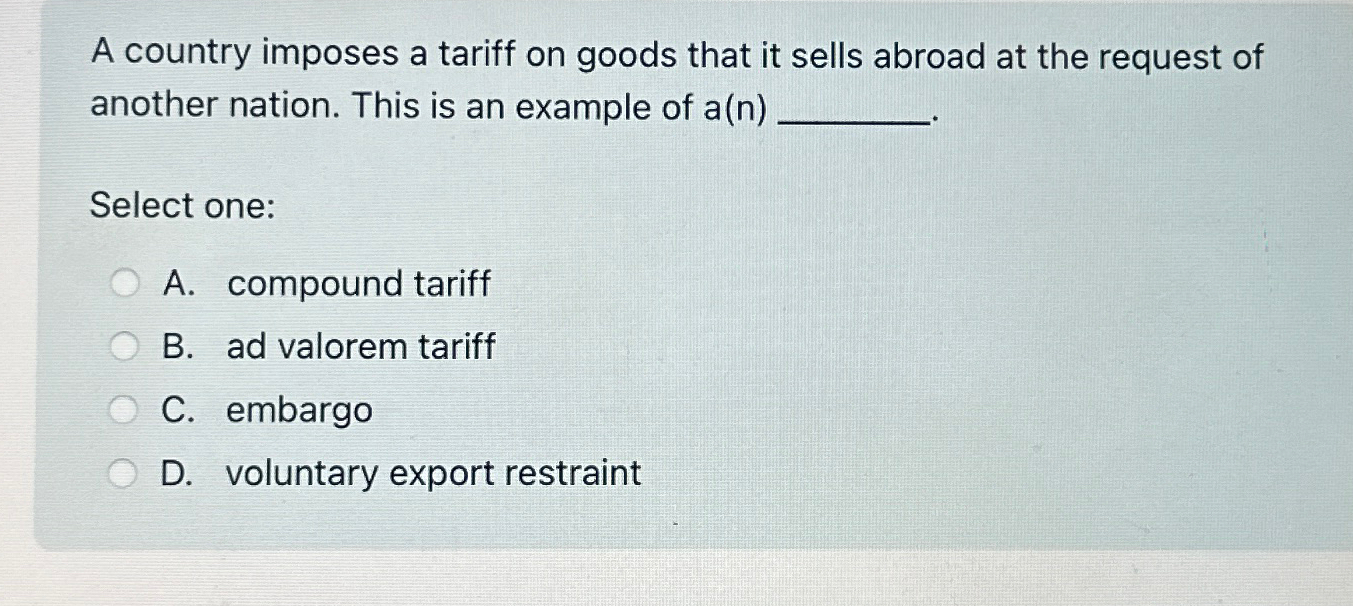 Solved A country imposes a tariff on goods that it sells | Chegg.com