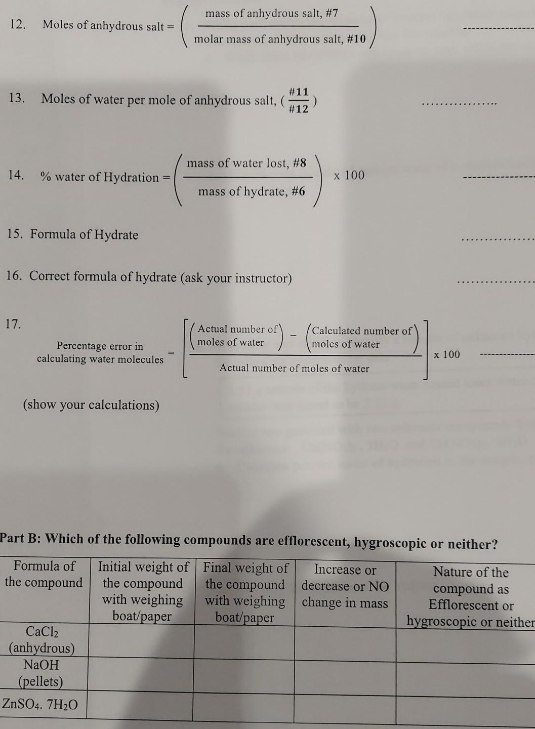Solved The Formula of a Hydrate Part A: Calculation for % | Chegg.com