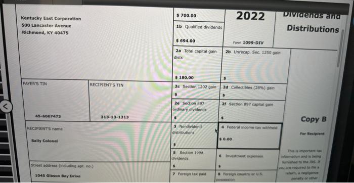 The Colonels also received the following dividends | Chegg.com