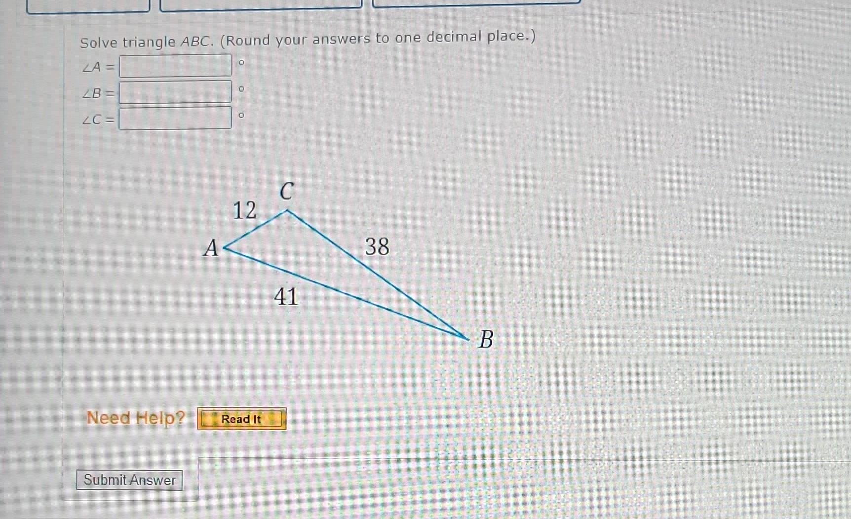 Solved Solve triangle ABC. (Round your answers to one | Chegg.com