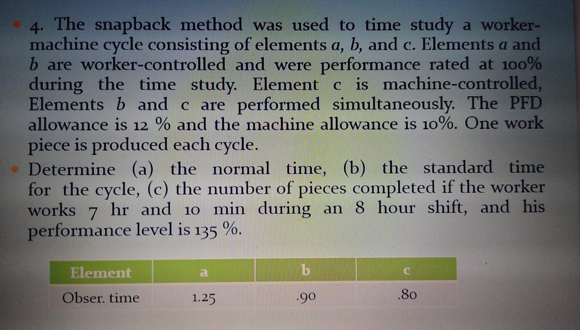 Solved 4. The snapback method was used to time study a | Chegg.com
