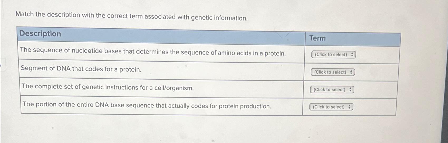Solved Match the description with the correct term | Chegg.com