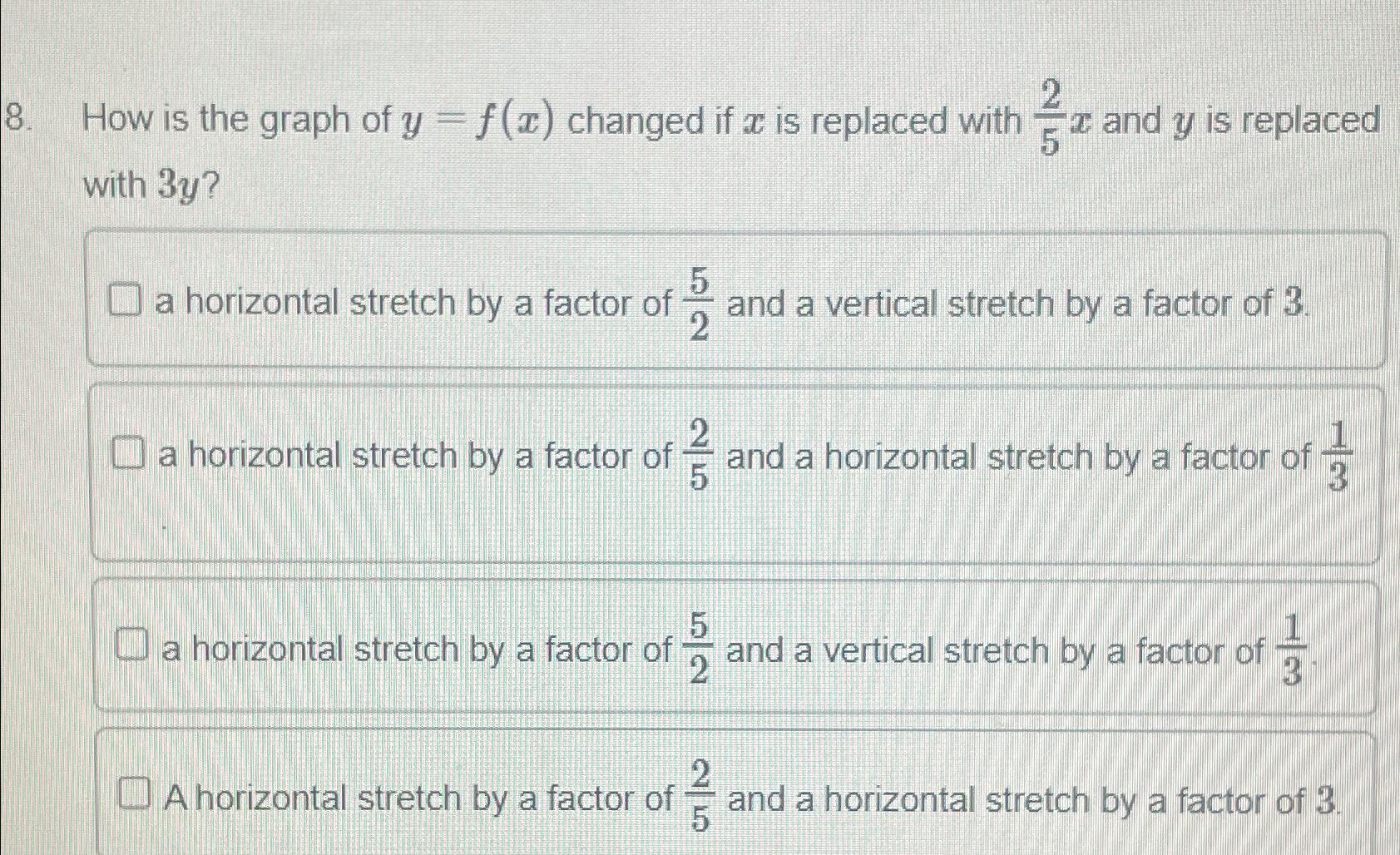 Solved How is the graph of y=f(x) ﻿changed if x ﻿is replaced | Chegg.com