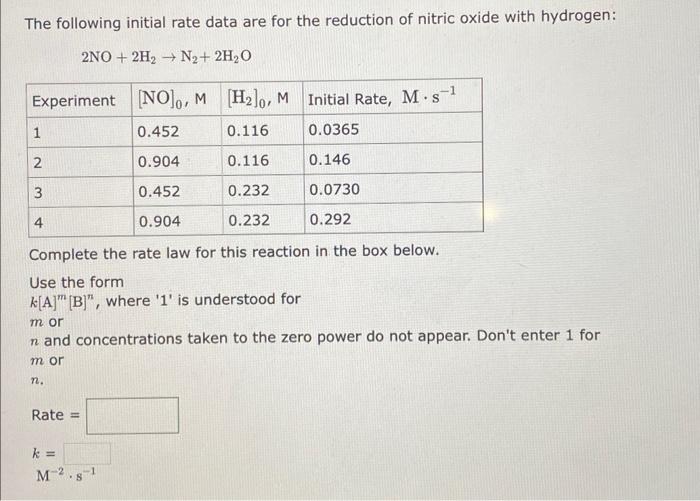 Solved The following initial rate data are for the reduction | Chegg.com