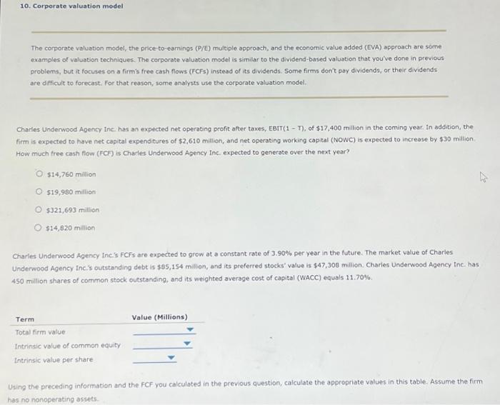 Solved 10. Corporate valuation model The corporate valuation | Chegg.com