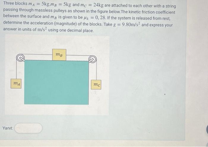 Solved Three blocks mA=5 kg,mB=5 kg and mC=24 kg are | Chegg.com