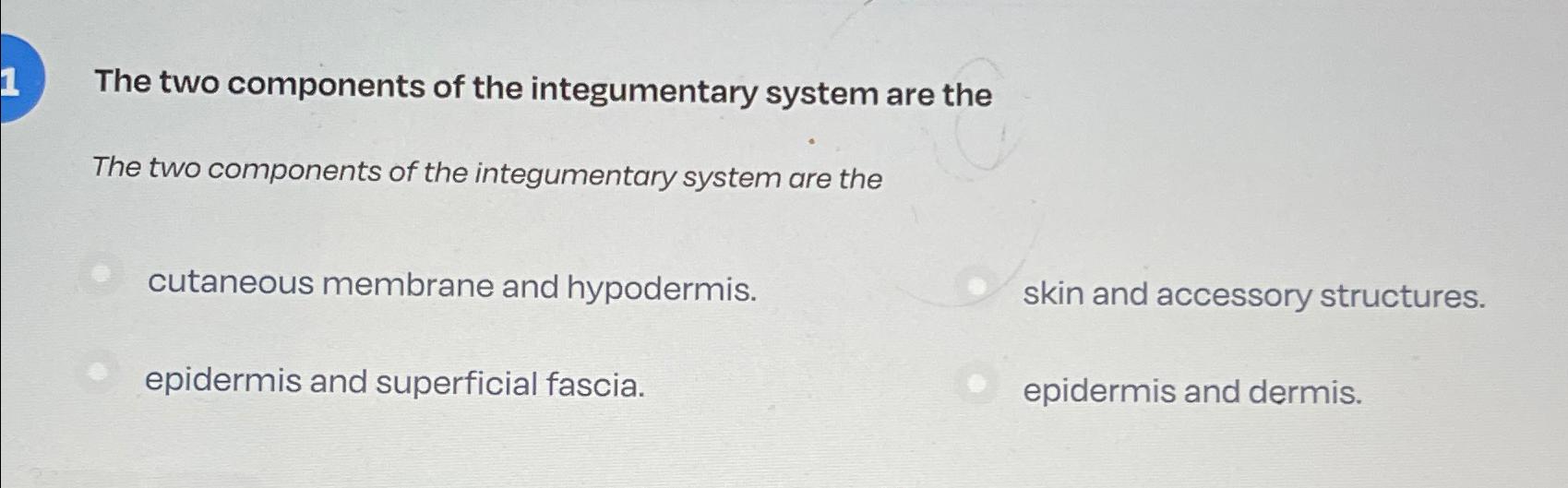 Solved The two components of the integumentary system are | Chegg.com