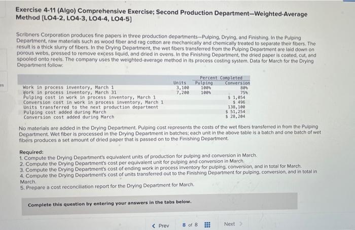 Solved Exercise 4-11 (Algo) Comprehensive Exercise; Second | Chegg.com