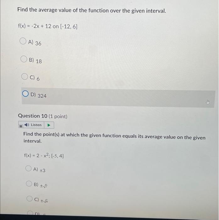Solved Find the average value of the function over the given | Chegg.com