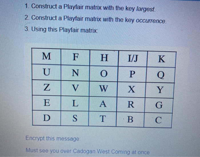Solved 1. Construct a Playfair matrix with the key largest | Chegg.com