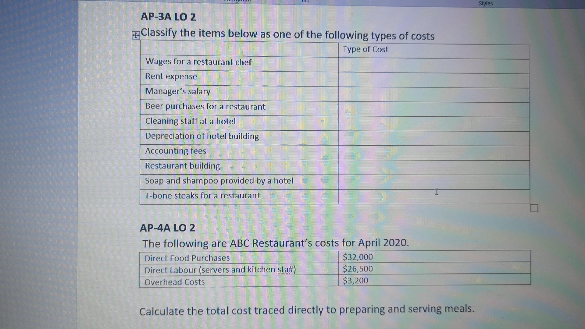 Solved Styles AP-3A LO 2 Classify the items below as one of | Chegg.com