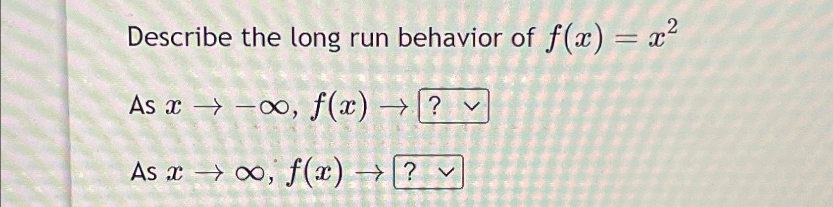Solved Describe the long run behavior of f(x)=x2As | Chegg.com