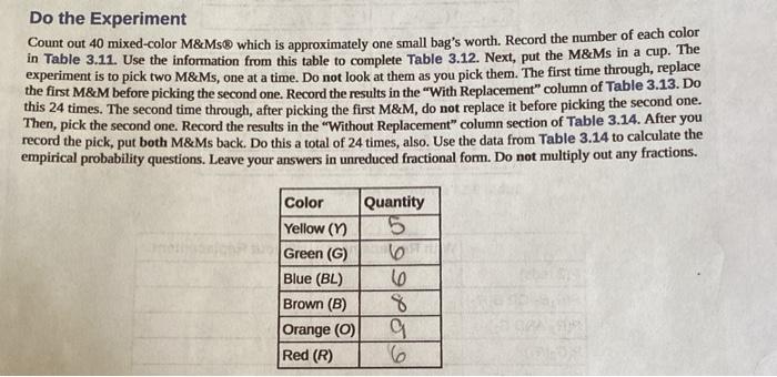 Solved Do the Experiment Count out 40 mixed-color M&Ms® | Chegg.com