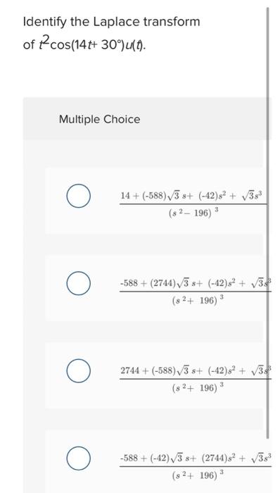 Solved Identify the Laplace transform of t2cos(14t+30∘)u(t). | Chegg.com