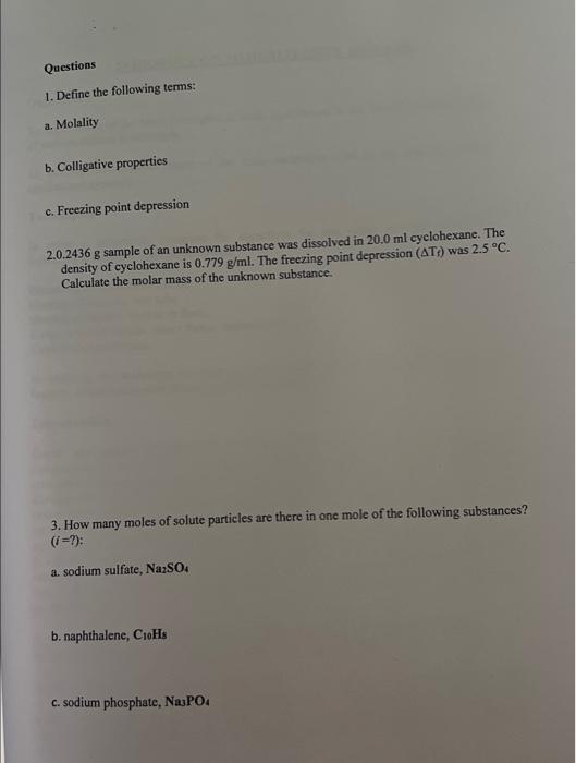 Solved Colligative Properties lab sec. Name Date 1. Define | Chegg.com