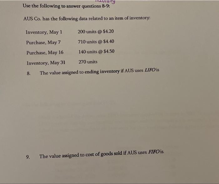 Solved Use the following to answer questions 8-9: AUS Co. | Chegg.com